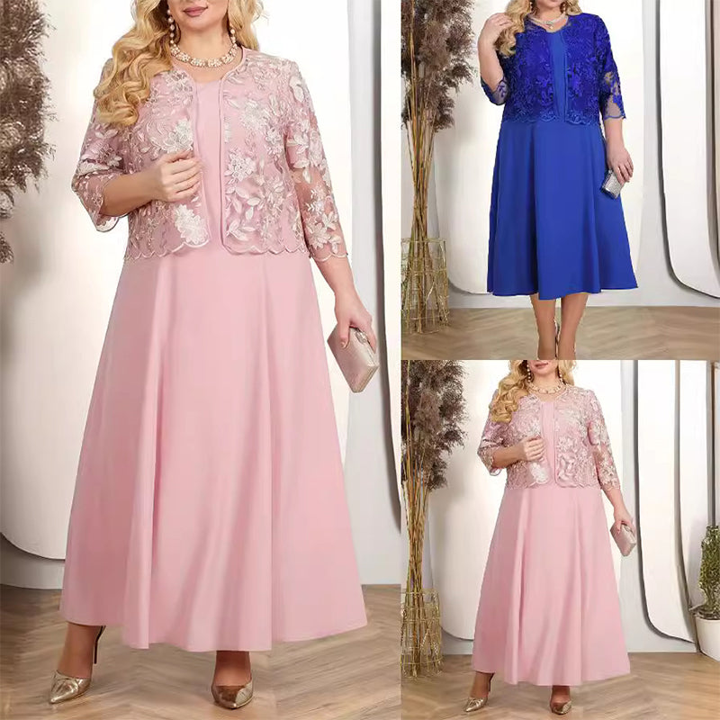 🛍️Time-limited Special👗Women's Solid Color Dress with Lace Embroidered ...